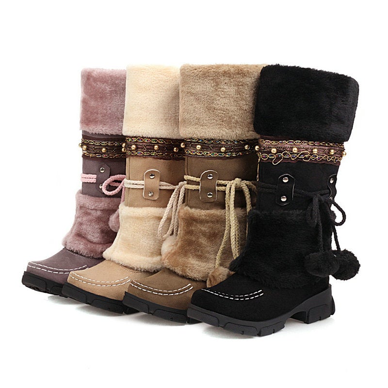 Women's Fur Ball High Boots Warm Ethnic Boots – byshoppy