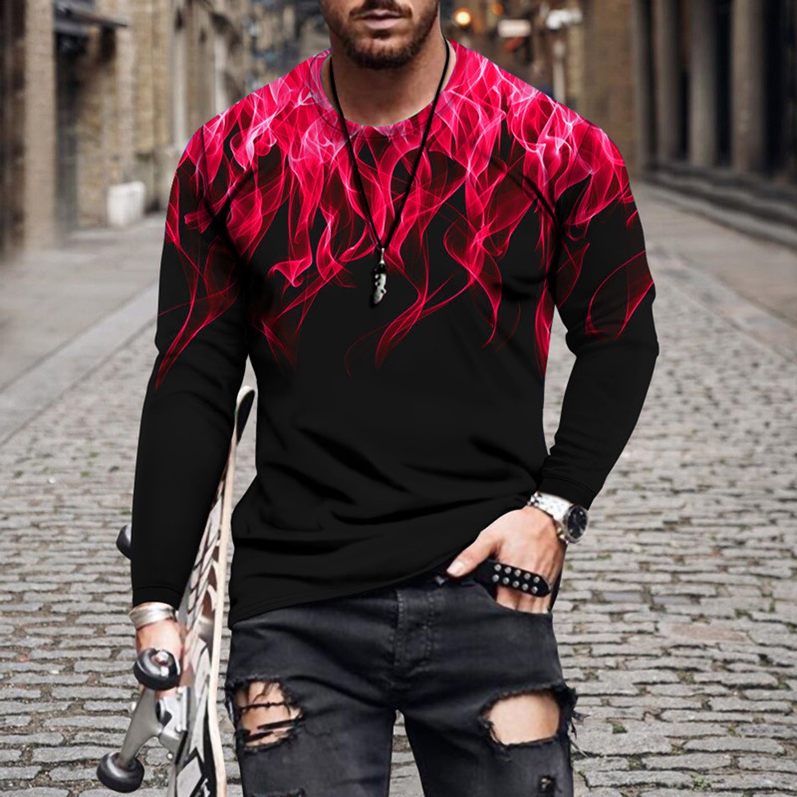 Flame Print Men's Long-sleeved T-shirt – byshoppy